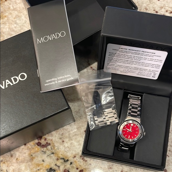 Movado | Accessories | Movado Red And Silver Luxury Watch | Poshmark
